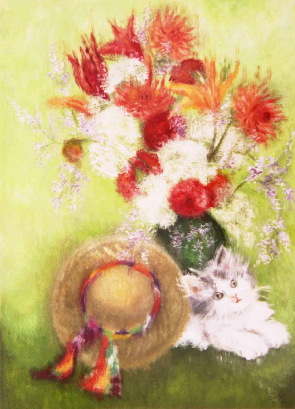Farniente | Chaton & Fleurs | Peinture à la gouache de Cécile Gouthière